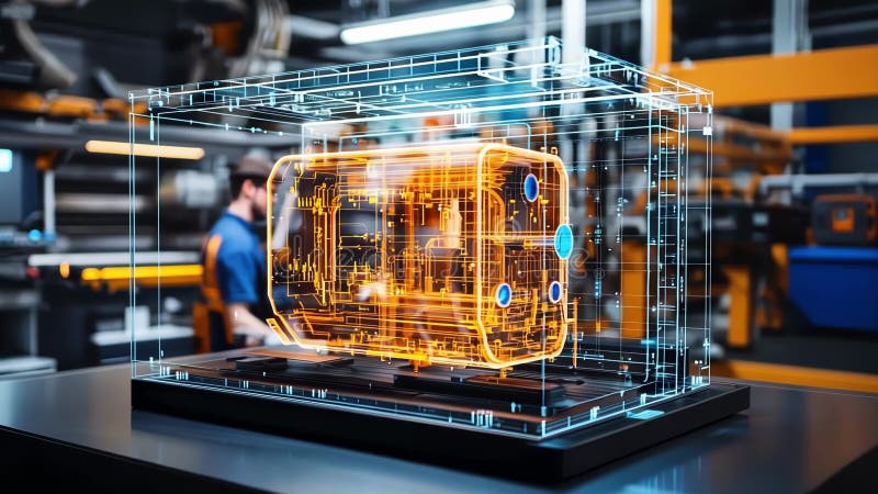 Futuristic Projection of Engine Component Illuminates Modern Factory ...