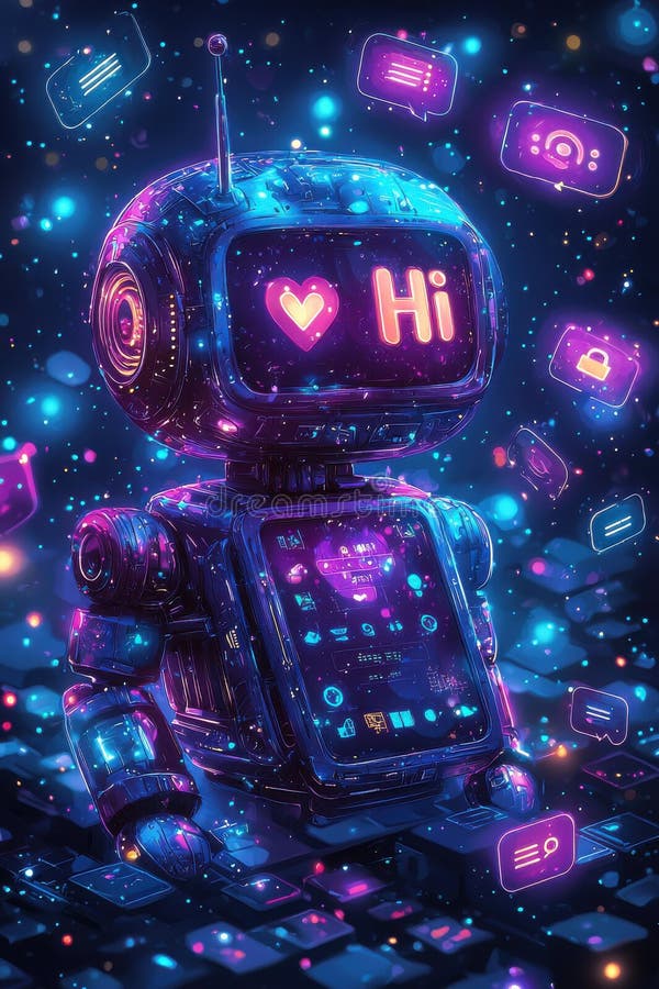 Futuristic Purple Chatbot on Smartphone with Digital Text Bubbles ...