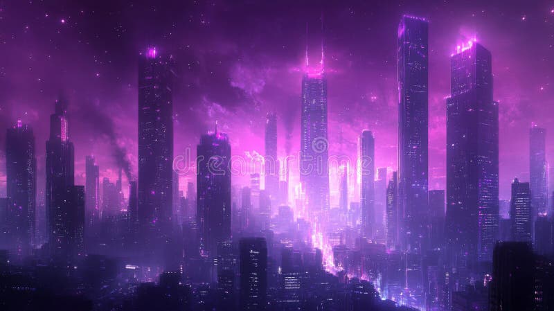 Futuristic Purple Cityscape at Night Stock Illustration - Illustration ...