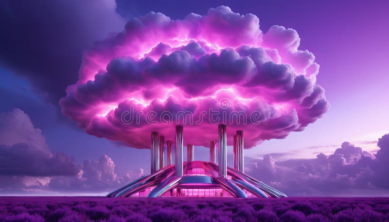 Futuristic Purple Cloud Structure with Lightning in Lavender Field ...