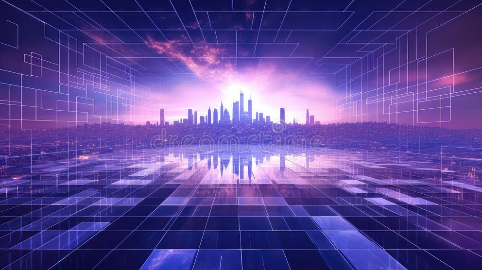 Futuristic purple data stock illustration. Illustration of skyscrapers ...