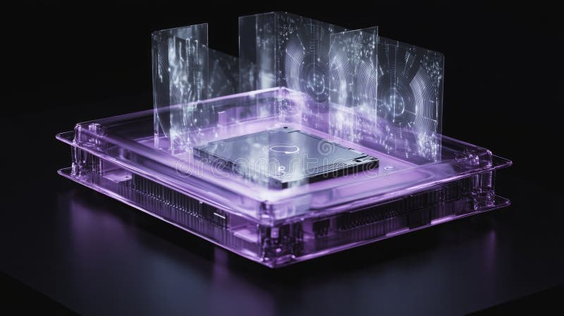 A Futuristic Purple Device with Transparent Panels Displaying Digital ...