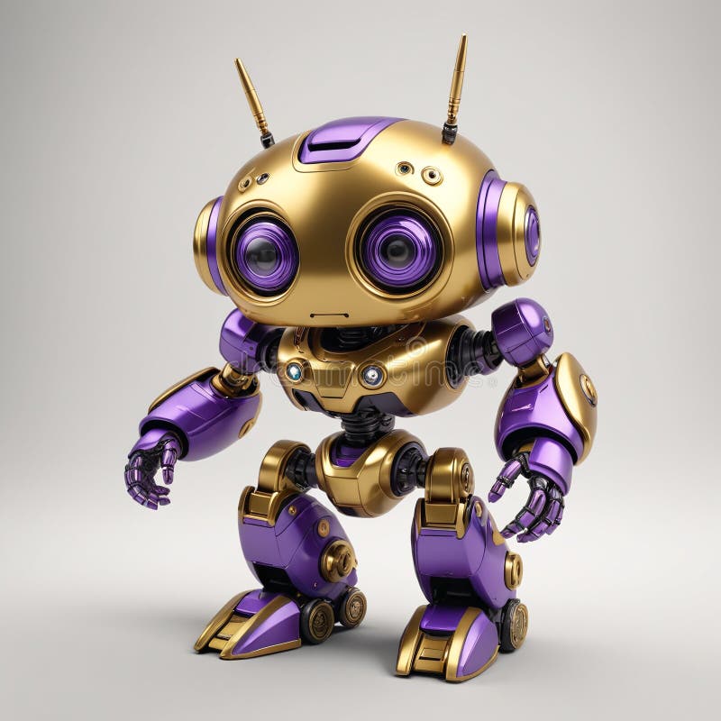 Futuristic Purple and Gold Robotic Companion on White Background Stock ...