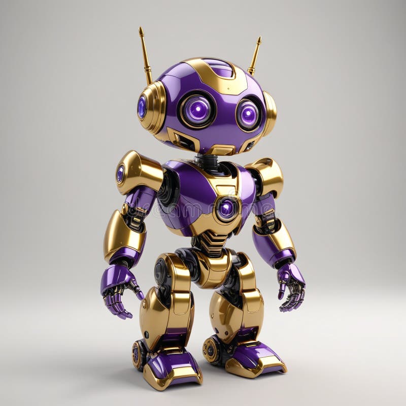 Futuristic Purple and Gold Robotic Companion on White Background Stock ...