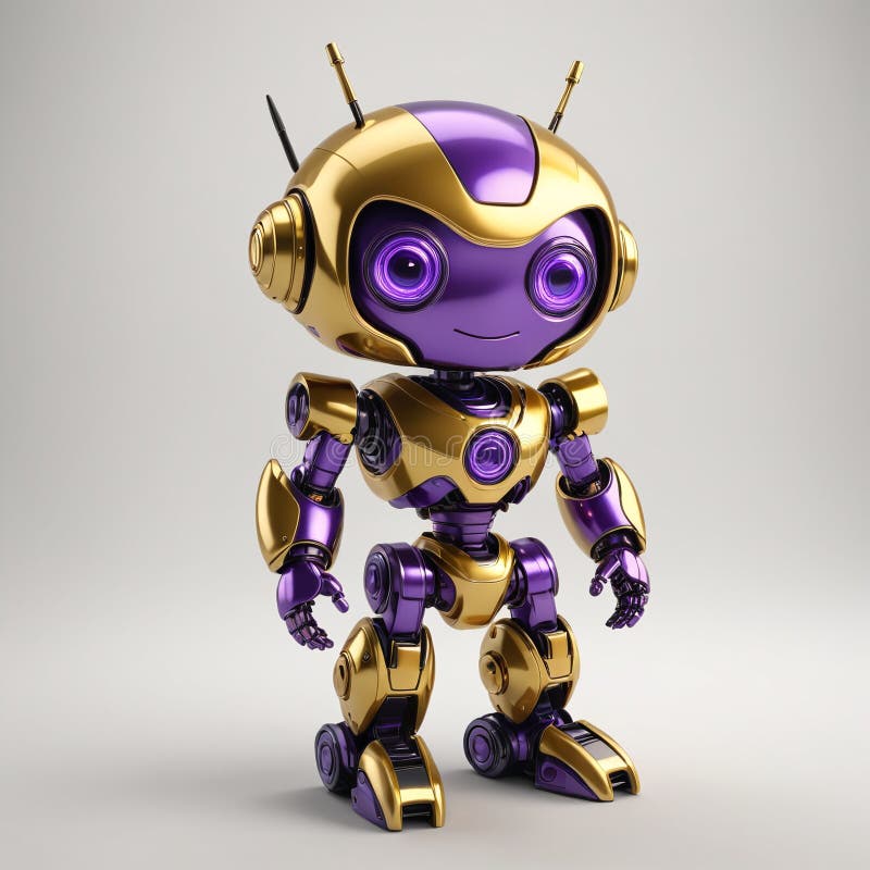 Futuristic Purple and Gold Robotic Companion on White Background Stock ...