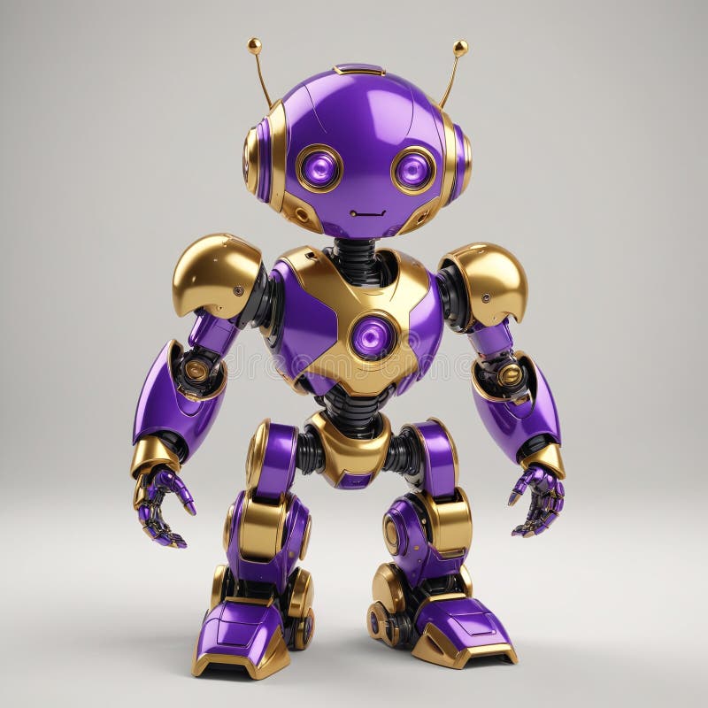 Futuristic Purple and Gold Robotic Companion on White Background Stock ...