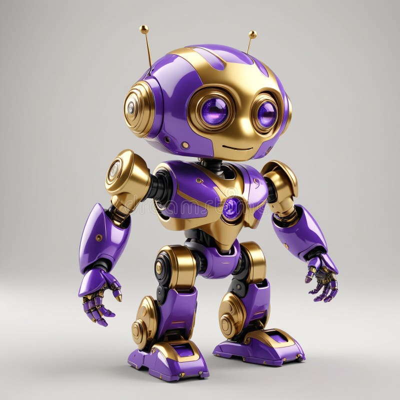 Futuristic Purple and Gold Robotic Companion on White Background Stock ...