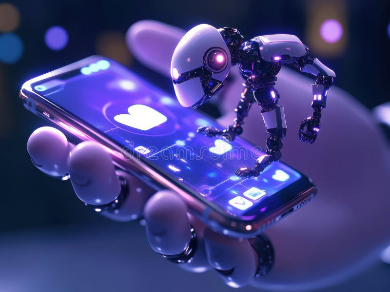 Futuristic Purple Robotic Hand Holding a Smartphone with Glowing ...