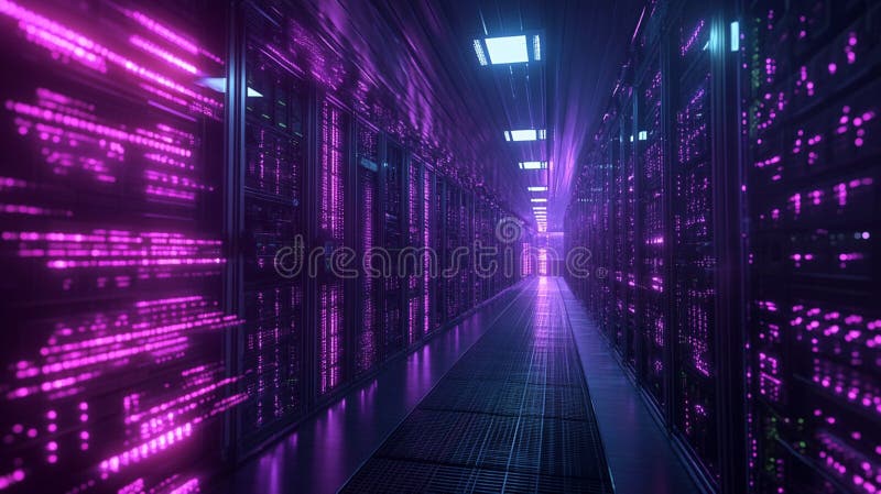 Futuristic Purple Server Room Digital Technology Data Center Corridor ...