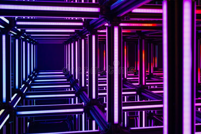 Futuristic Purple, Violet Neon Light Cube Art Installation. Technology ...