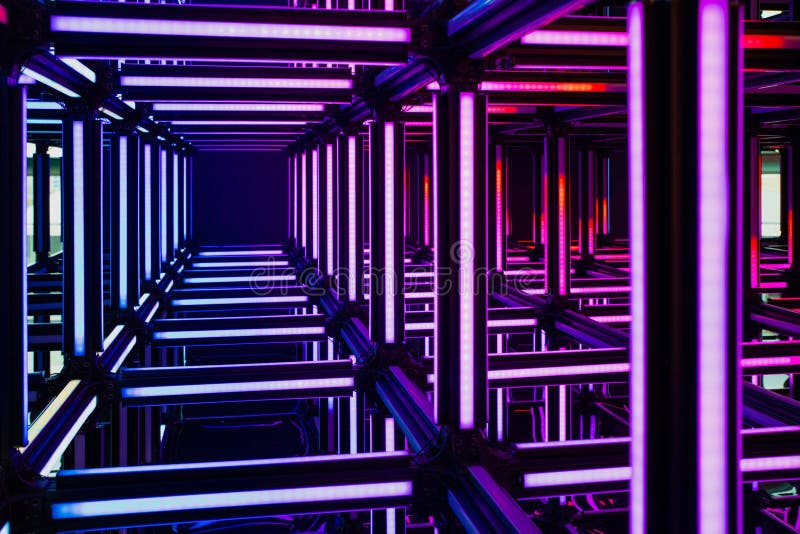 Futuristic Purple, Violet Neon Light Cube Art Installation. Technology ...