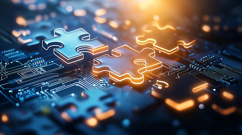 Futuristic Puzzle Pieces on Circuit Board Glowing with Neon Light ...