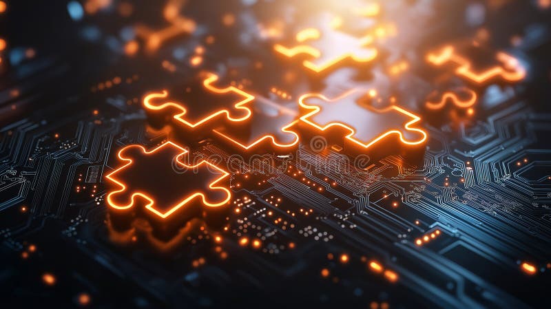 Futuristic Puzzle Pieces Glowing on Circuit Board Background ...