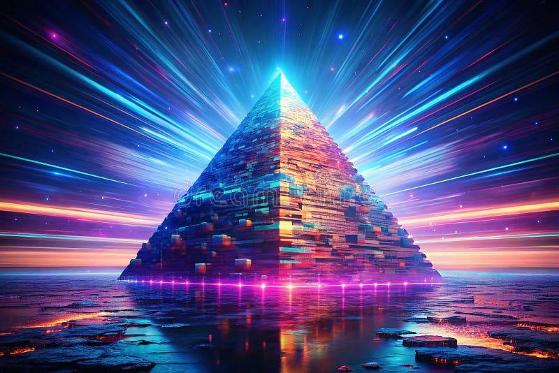 Futuristic Pyramid on Frozen Lake, Cosmic Rays Stock Illustration ...