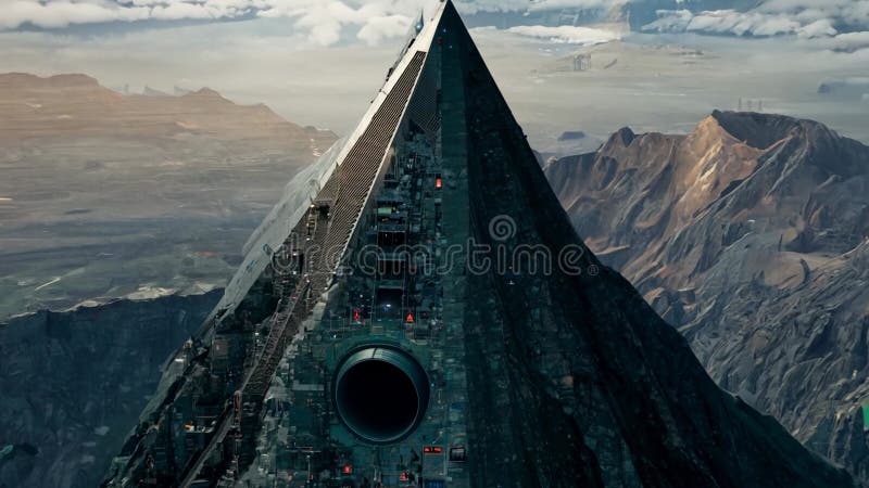 Futuristic Pyramid Structure Built into a Mountain Range, Aerial View ...