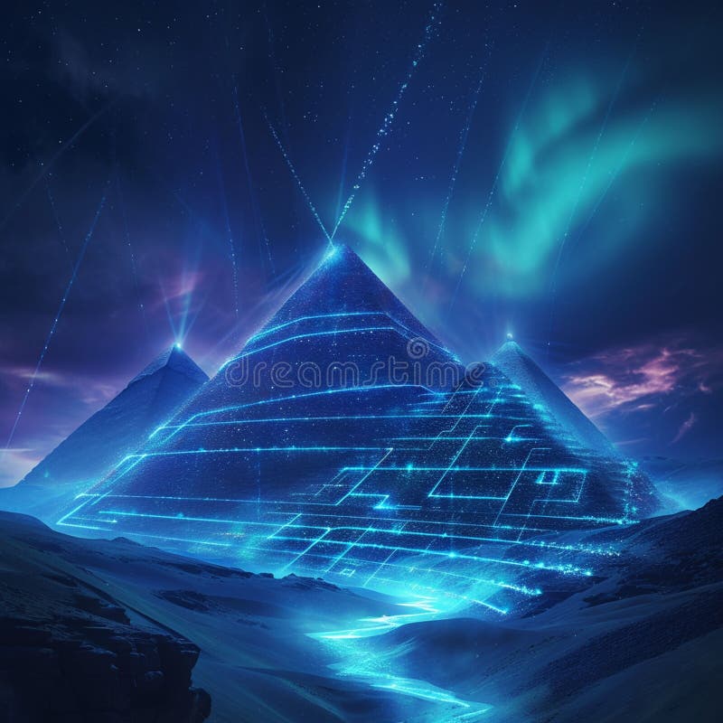 Futuristic Pyramids Illuminated by Glowing Blue Lines Under a Starry ...