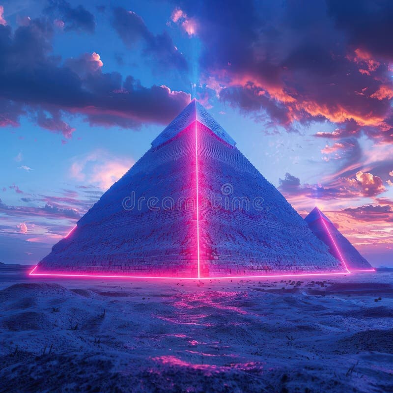 Futuristic Pyramids with Neon Lights Under a Dramatic Sky at Dusk Stock ...