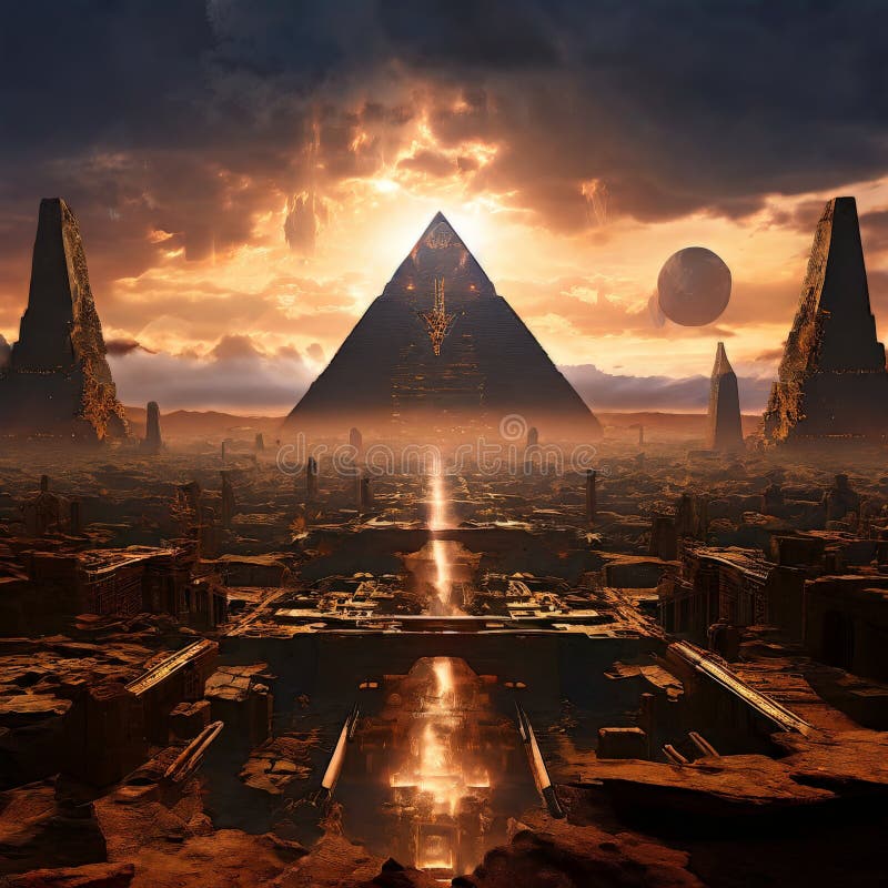 Futuristic Pyramids Under a Dramatic Sunset, Sci-fi Landscape Stock ...