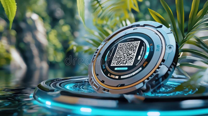 Futuristic QR Code Device Surrounded by Lush Greenery in Nature Setting ...