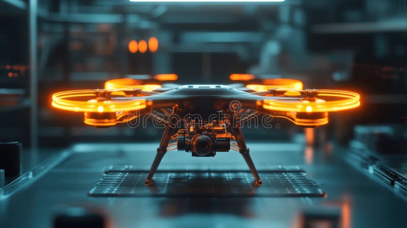 High-tech Drone with Glowing Edges Showcased in a Modern Technology Lab ...