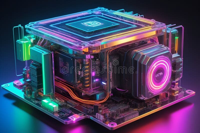 Futuristic Quantum Computer Chip Power Machine Digital Cybernetic Neon ...