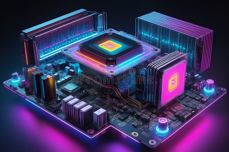 Futuristic Quantum Computer Chip Power Machine Digital Cybernetic Neon ...