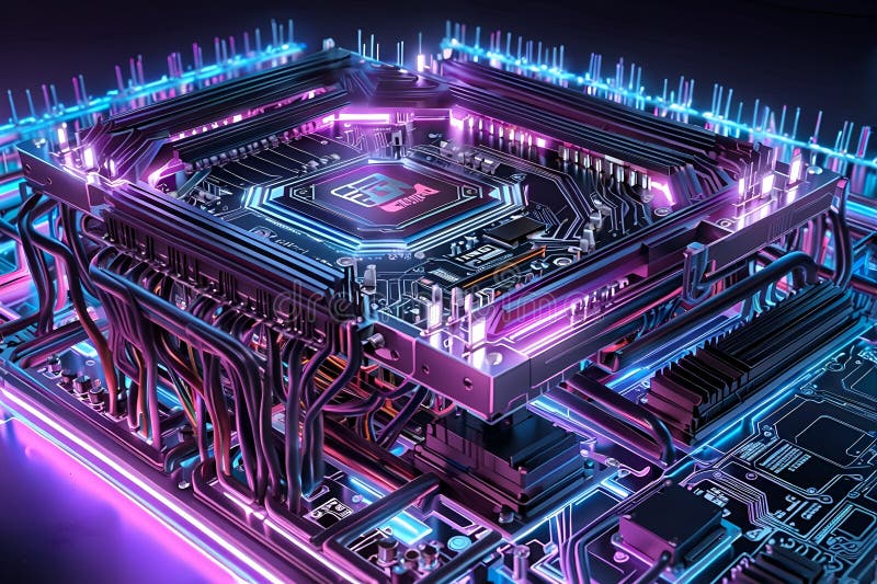 Futuristic Quantum Computer Chip Power Machine Digital Cybernetic Neon ...