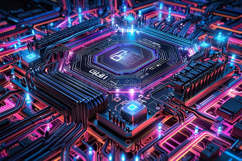 Futuristic Quantum Computer Chip Power Machine Digital Cybernetic Neon ...