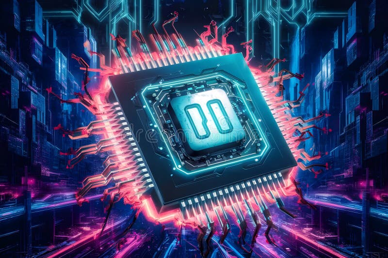 Futuristic Quantum Computer Chip Power Machine Digital Cybernetic Neon ...