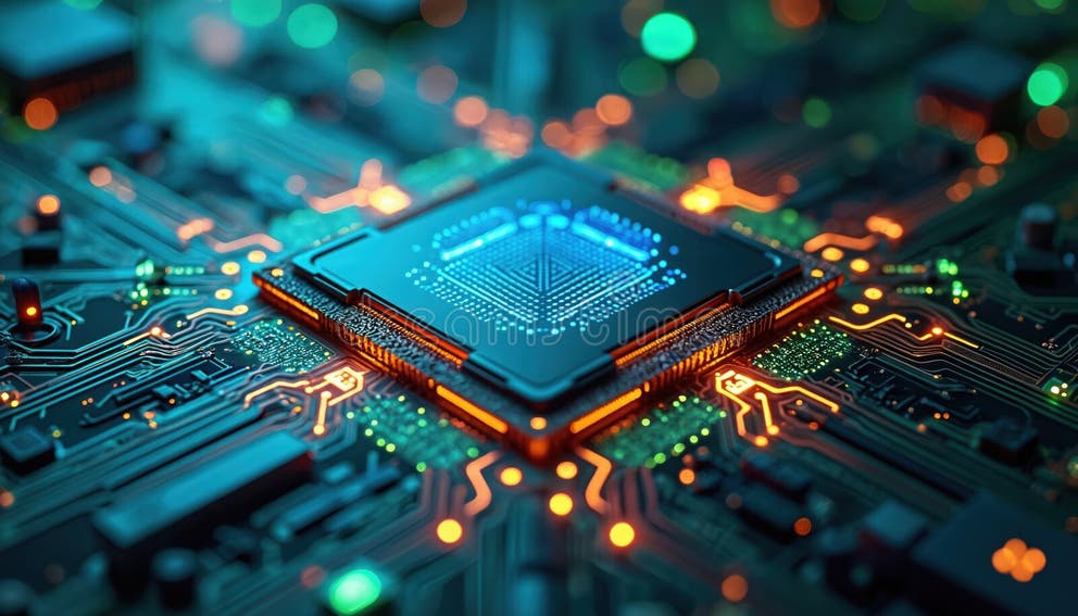 Futuristic Quantum Computer Core in Blue, Green Tones. Advanced Data ...