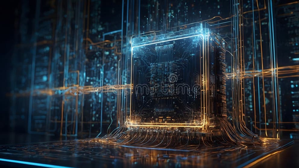 Futuristic Quantum Computer Illustration with Quantum Bits, Data Flow ...