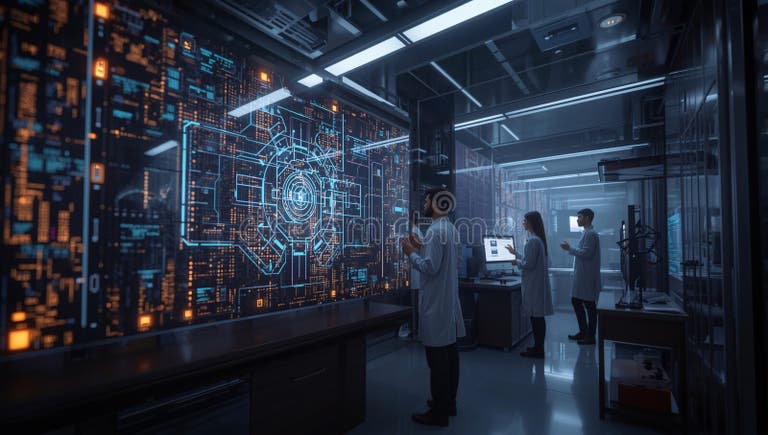 Futuristic Quantum Computer Laboratory with Holographic Interface Stock ...