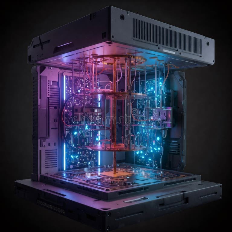 Quantum Computer Processing Data with Glowing Wires and Circuits Stock Illustration ...