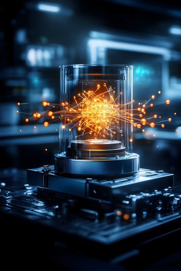 Futuristic Quantum Computing Technology Concept. Blue and Orange Color ...