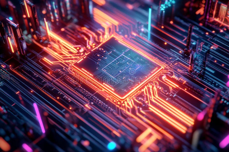 A Futuristic Quantum Processor Chip, Surrounded by Swirling Cybernetic ...