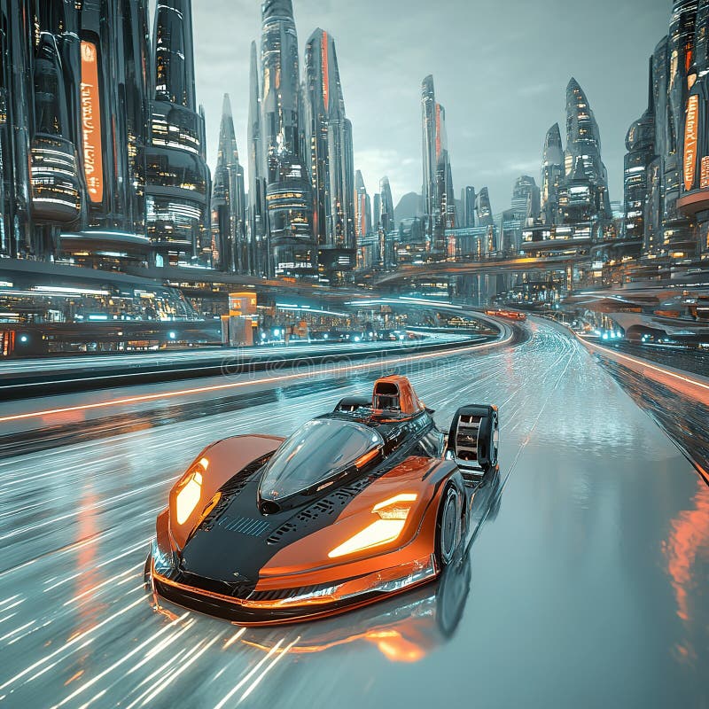 Futuristic Race Car Speeding through Neon City Stock Illustration ...