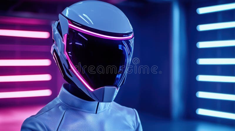Futuristic Racer with Neon Helmet in a Cyberpunk Scene. Stock ...
