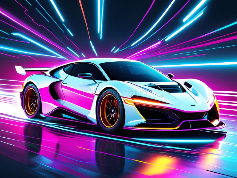 Futuristic Racing Car Sticker with Neon Speed Trails and Synthwave ...