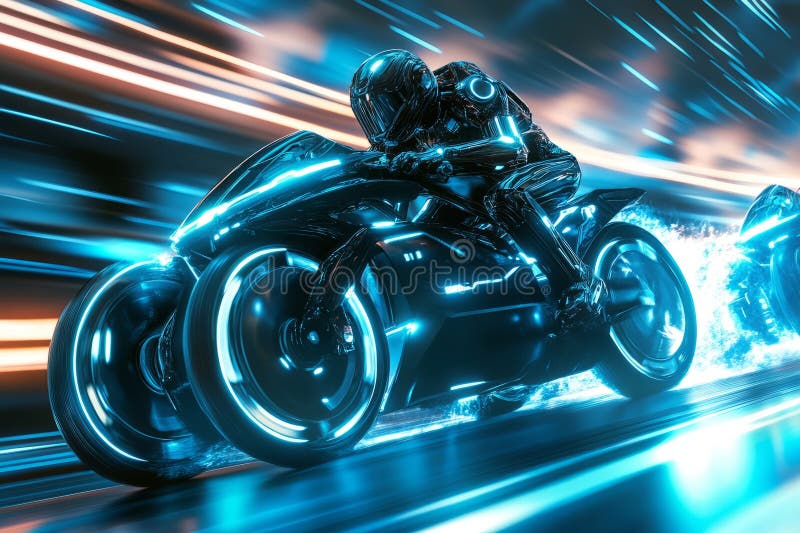 Futuristic Racing Scene with Robots Riding High-tech Bikes Stock Photo ...