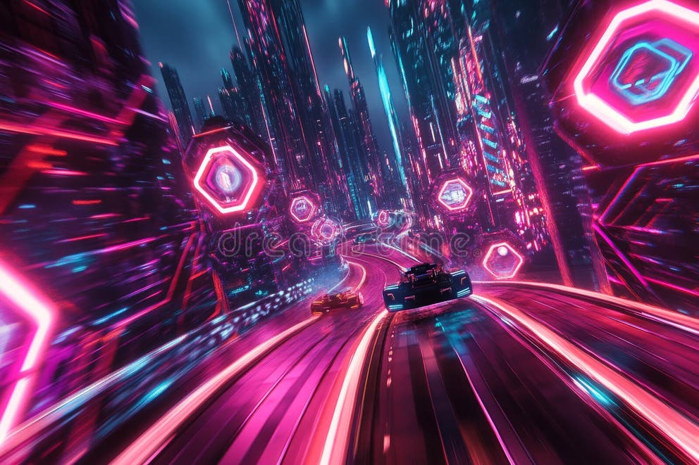 A Futuristic Racing Track with Massive Hexagonal Checkpoints Glowing ...
