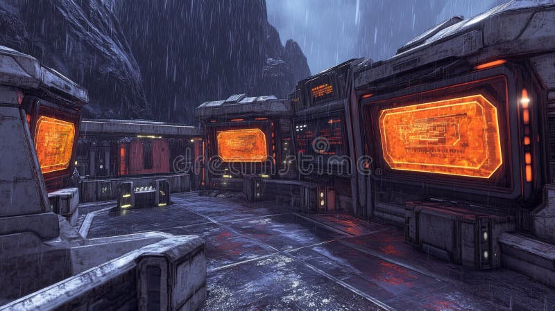 Futuristic Rain Swept Outpost Stock Illustration - Illustration of ...