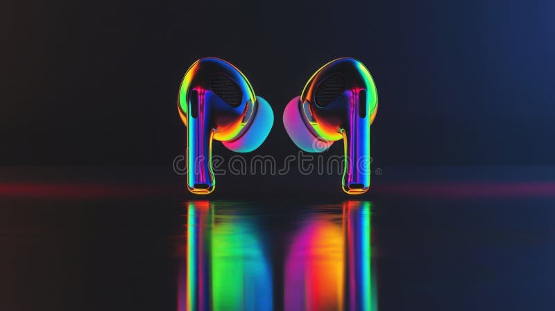 Futuristic Rainbow-colored Wireless Earbuds on Reflective Surface Stock ...