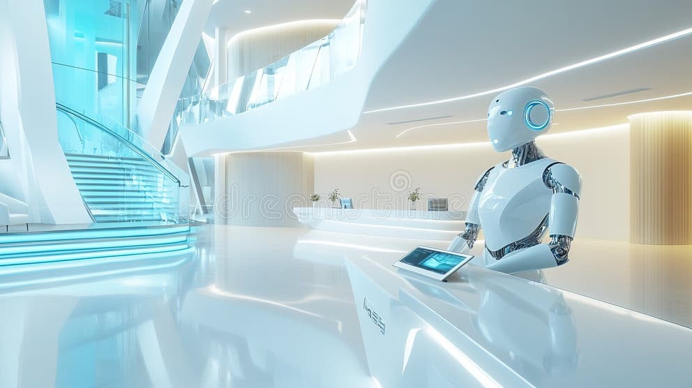 Futuristic Reception with Ai Robot Assistant in Modern High-tech Office ...