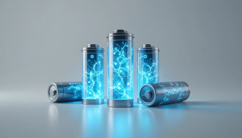 Futuristic Rechargeable Batteries with Glowing Blue Energy Stock ...