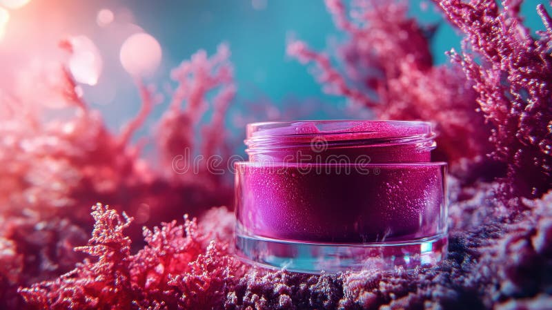 Futuristic Red Algae Gel Mask in a Clear Jar Underwater Background ...