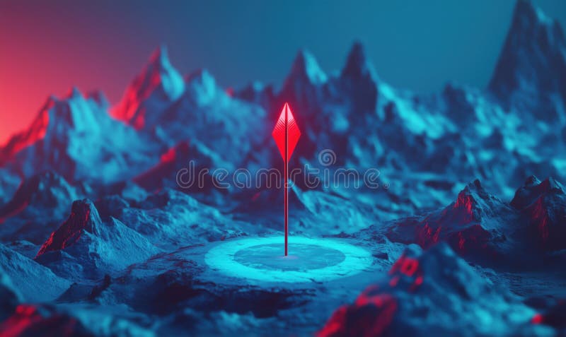 Futuristic Red Arrow Marker in a Surreal Mountain Landscape with ...
