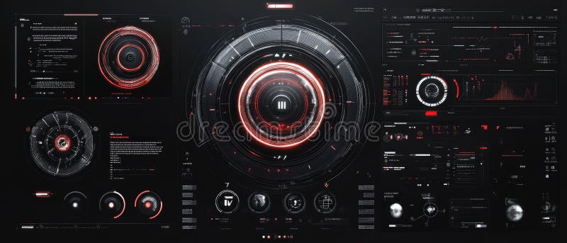 Futuristic Red and Black Digital Interface HUD with Tech Elements Stock ...