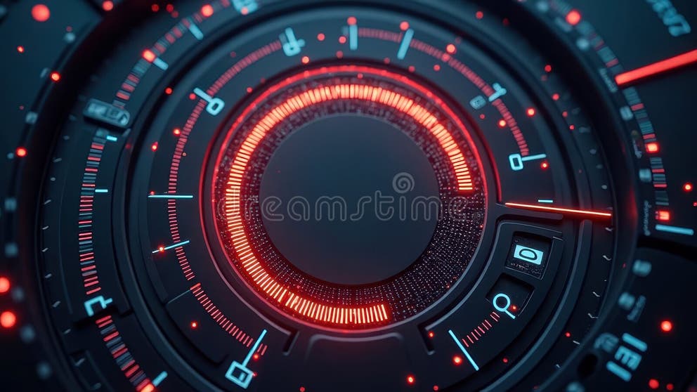 Futuristic Red and Black Interface with Glowing Circular Elements Stock ...