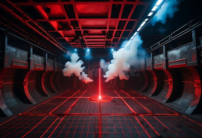 Futuristic Red and Black Laser Grid Room with Smoke Stock Illustration ...