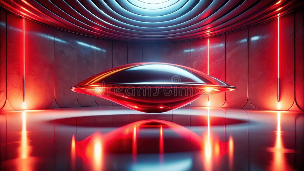 Futuristic Red and Blue Lit Chamber Showcases a Sleek, Metallic, Disk ...